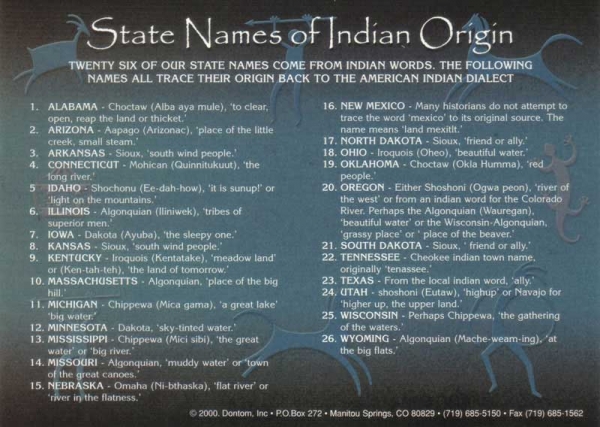 State Names of Indian Origin Jumbo Postcard
